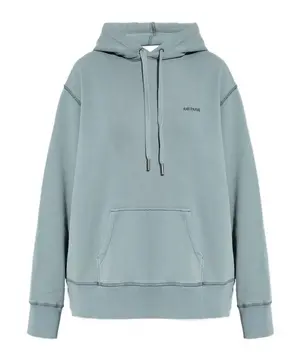 AMI Paris Logo Embroidered Drawstring Hoodie - Blue