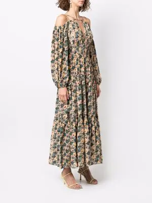 Ulla Johnson Floral Print Long Sleeve Cold Shoulder Maxi Dress