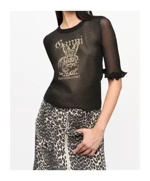 GANNI Sheer Jacquard Top With Graphic Motif - Black