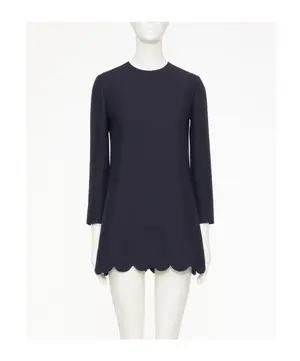 Valentino Garavani Crewneck Long Sleeve Scalloped Hem Mini Dress