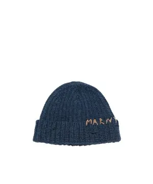 Marni Logo Embroidered Knitted Beanie - Navy Blue