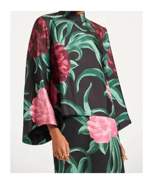 La DoubleJ Peony Print High Neck Silk Top