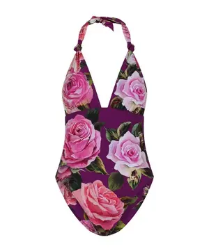 Dolce & Gabbana Rose Printed V-neck One-piece Swimsuit - Multi-color