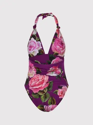 Dolce & Gabbana Rose Printed V-neck One-piece Swimsuit