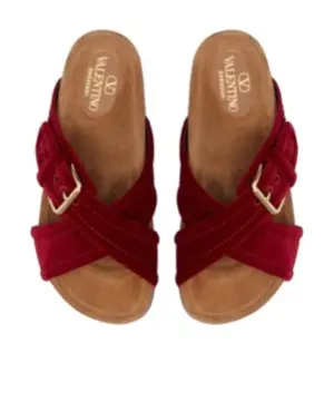 Valentino Garavani Fussfriend Velvet Slip-on Slides With Adjustable Buckle - Red