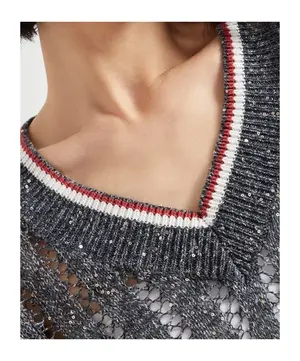 Brunello Cucinelli Metallic Openwork V-neck Jumper