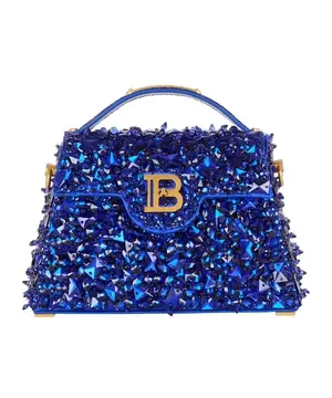 Balmain B-buzz Dynasty Bag In Leather And Embroidered Satin - Blue