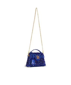 Balmain B-buzz Dynasty Bag In Leather And Embroidered Satin - Blue