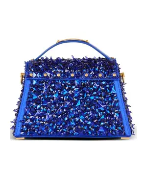 Balmain B-buzz Dynasty Bag In Leather And Embroidered Satin - Blue