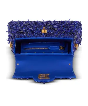 Balmain B-buzz Dynasty Bag In Leather And Embroidered Satin - Blue