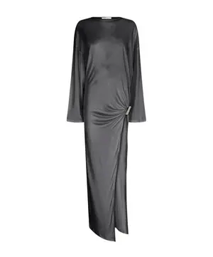 Attico Long-sleeved Crewneck Dress With Side Slit - Dark Grey