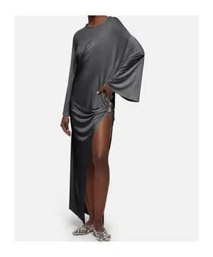 Attico Long-sleeved Crewneck Dress With Side Slit - Dark Grey
