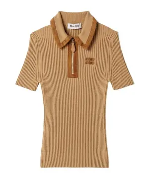Miu Miu Short-sleeved Ribbed Polo Shirt With Zip Closure