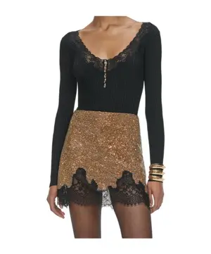 SELF-PORTRAIT Lace Trim Knit Top - Black