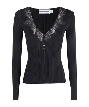 SELF-PORTRAIT Lace Trim Knit Top - Black