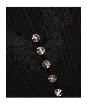 SELF-PORTRAIT Lace Trim Knit Top - Black