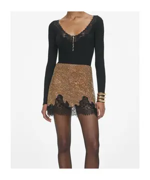 SELF-PORTRAIT Lace Trim Knit Top - Black