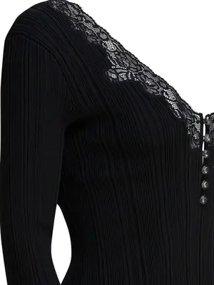 SELF-PORTRAIT Lace Trim Knit Top - Black