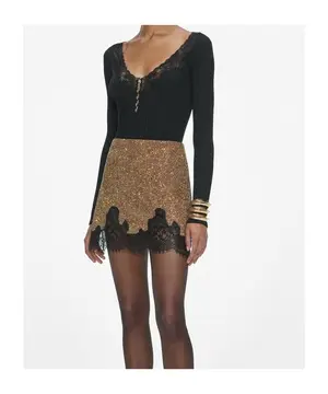 SELF-PORTRAIT Lace Trim Knit Top - Black