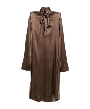 Dries Van Noten Long-sleeved Dress With Tie Collar - Brown