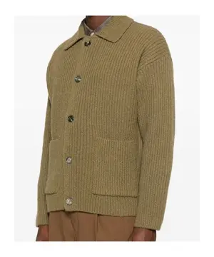 AMI Paris Ribbed Cardigan With Lapel Collar - Brown