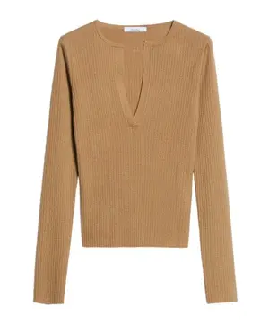 Max Mara V-neck Long-sleeved Ribbed Top - Camel