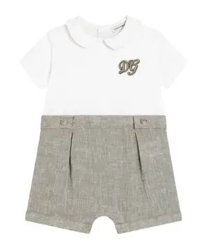 Dolce & Gabbana Interlock And Linen Romper With Dg Embroidery - Gray