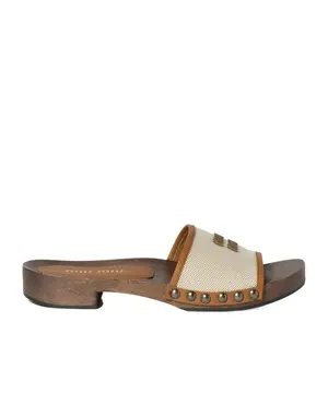 Miu Miu Canvas And Leather Clogs With Wooden Sole - Beige/brandy
