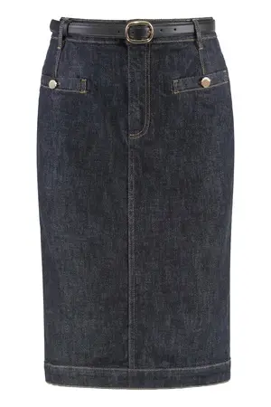 SELF-PORTRAIT Belted Waist Denim Midi Skirt