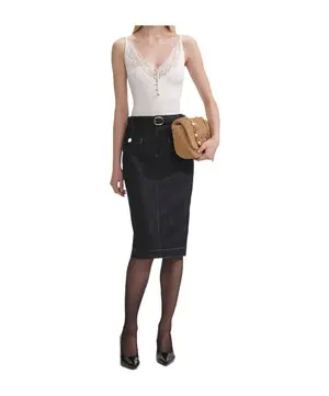 SELF-PORTRAIT Belted Waist Denim Midi Skirt