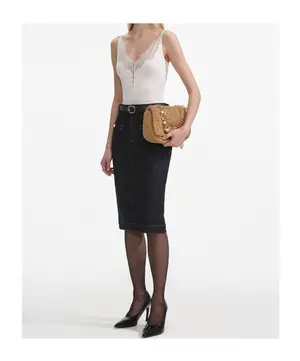 SELF-PORTRAIT Belted Waist Denim Midi Skirt