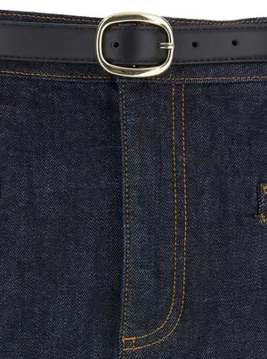 SELF-PORTRAIT Belted Waist Denim Midi Skirt