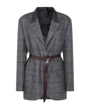 Brunello Cucinelli Single-breasted Belted Blazer With Checked Pattern - Grey