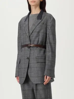 Brunello Cucinelli Single-breasted Belted Blazer With Checked Pattern