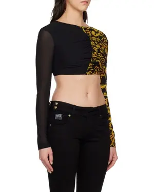 Versace And Gold Baroque Print Spliced Cropped T-shirt