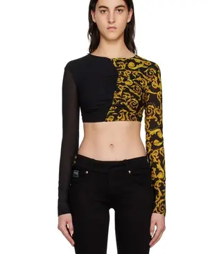 Versace And Gold Baroque Print Spliced Cropped T-shirt
