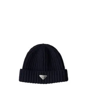 Prada Ribbed Logo Beanie - Navy Blue