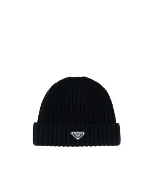 Prada Logo Patch Ribbed Knit Beanie - Black