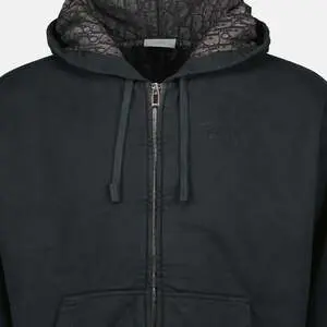 Dior Zip-up Drawstring Hoodie With Tonal Oblique Print - Dark Gray