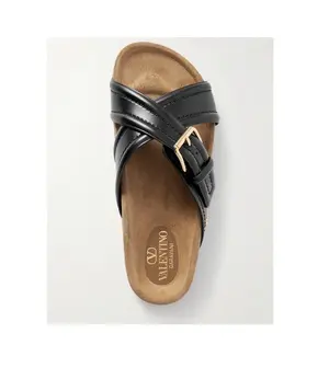Valentino Garavani Vlogo Plaque Leather Slides - Black
