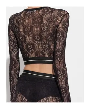 Palm Angels Lace Panel Long Sleeve Cropped Top