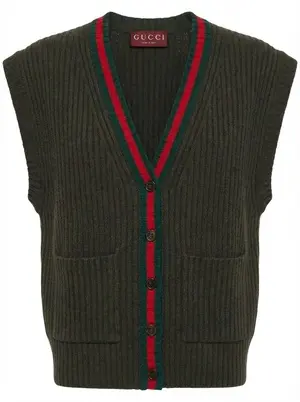 Gucci Web Detailed Ribbed Cardigan Vest