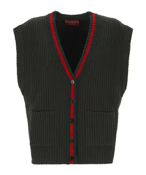 Gucci Web Detailed Ribbed Cardigan Vest