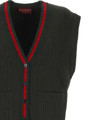 Gucci Web Detailed Ribbed Cardigan Vest