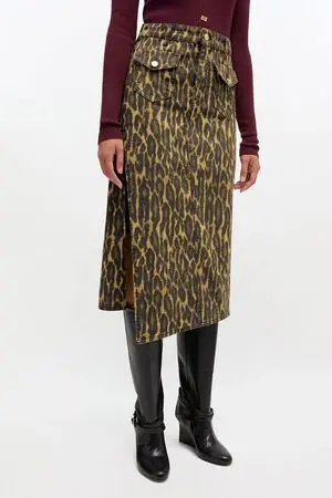 GANNI Leopard Print Denim Midi Skirt - Khaki