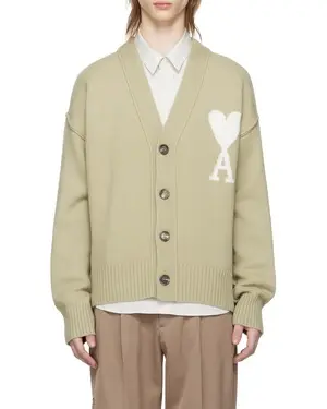 AMI Paris De Cœur Logo Intarsia Knitted Cardigan - Green