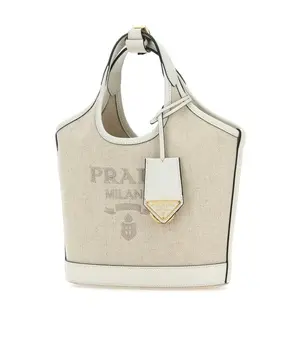 Prada Logo Print Mini Bucket Bag - Tan / White