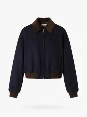 Miu Miu Navy Cropped Bomber Jacket With Brown Corduroy Collar
