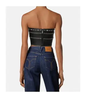 Versace Off-shoulder Leather Corset Top With Medusa Buttons
