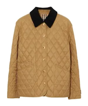 Burberry Diamond Quilted Button-up Jacket With Corduroy Collar - Camel